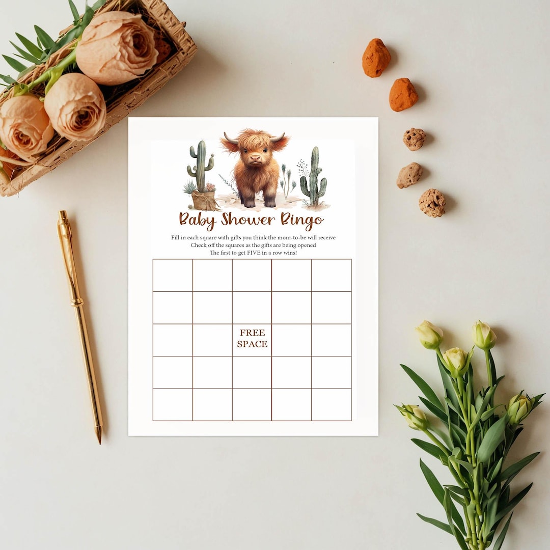 PRINTABLE Highland Cow Bingo Baby Shower Game, Highland Cow Farm Theme ...
