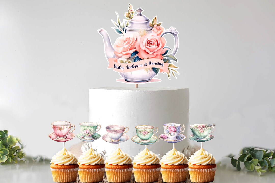 Tea Party Cake Topper and Cupcake Topper Bundle, 1 Personalized Cake ...