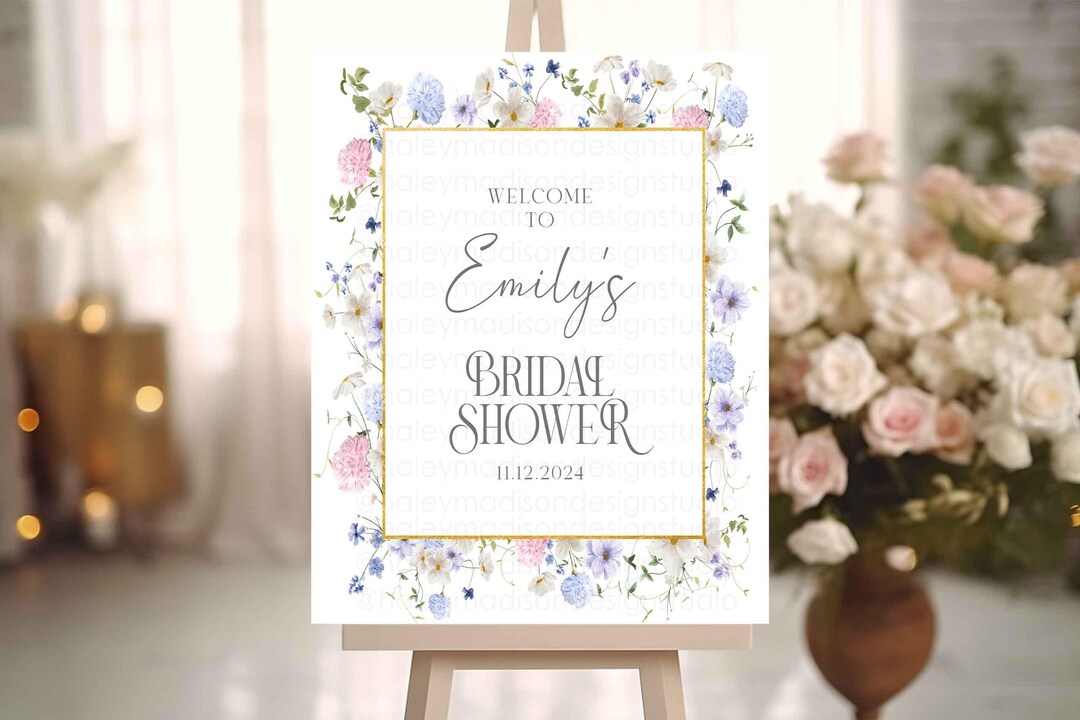 Wildflowers Welcome Sign, Blue Pink Wildflowers Bridal Shower Sign ...
