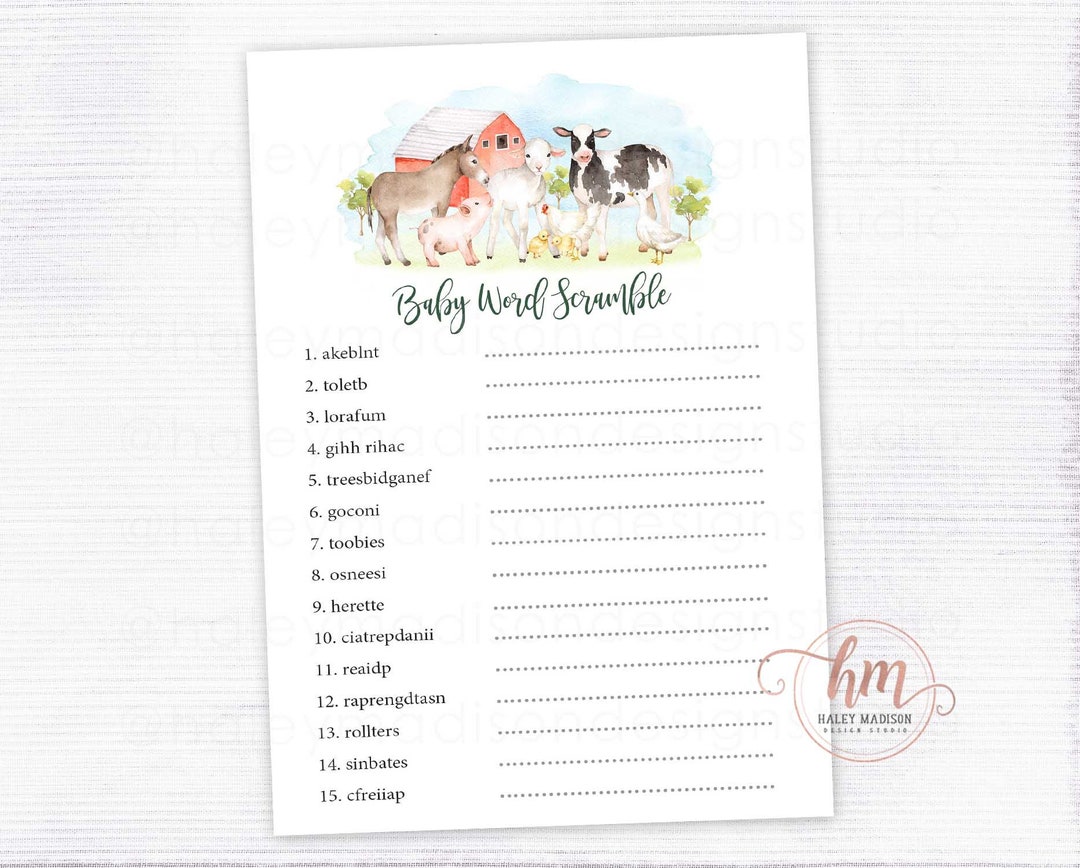 Farm Greenery Baby Word Scramble Game, Farm Baby Shower Word Scramble ...