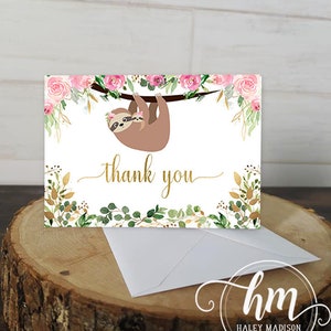 Sloth Thank You Cards, Sloth Baby Shower Thank You Notes, Gold Greenery ...