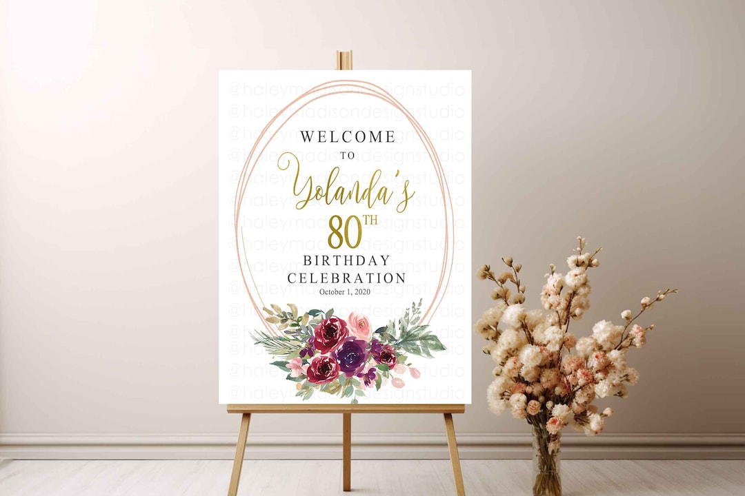 Adult Birthday Welcome Sign, Burgundy Blush Pink Floral Birthday ...