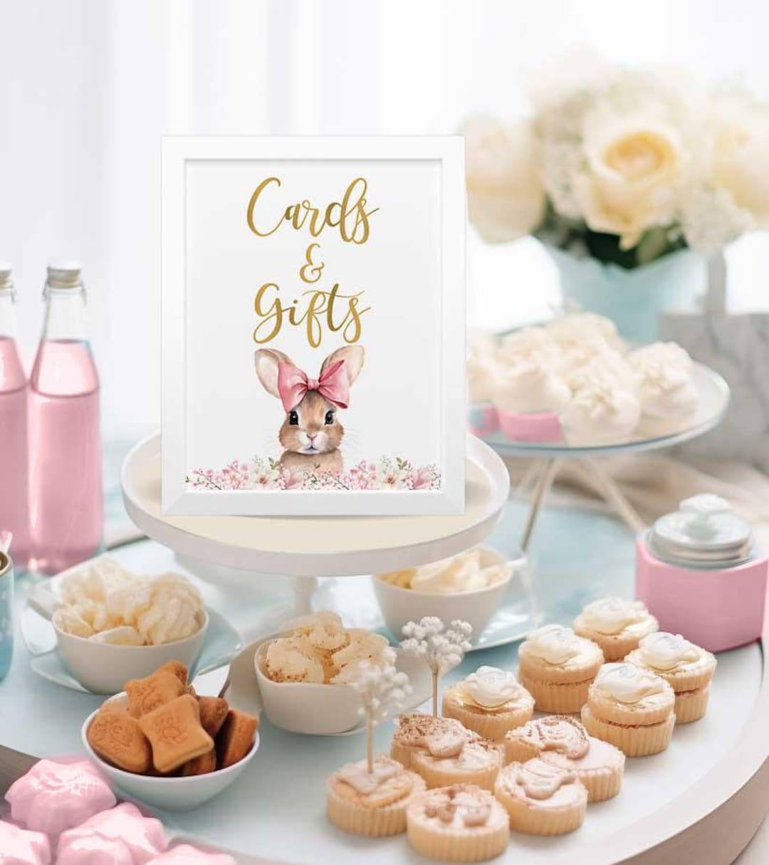 PRINTABLE Bunny Cards and Gifts Sign 8x10", Pink Bow Bunny Theme Party ...