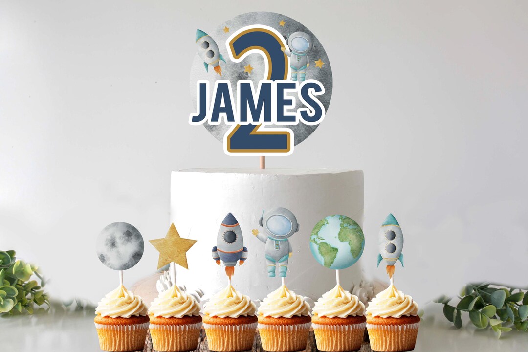 Astronaut Cake Topper and Cupcake Topper Bundle, 1 Personalized Cake ...