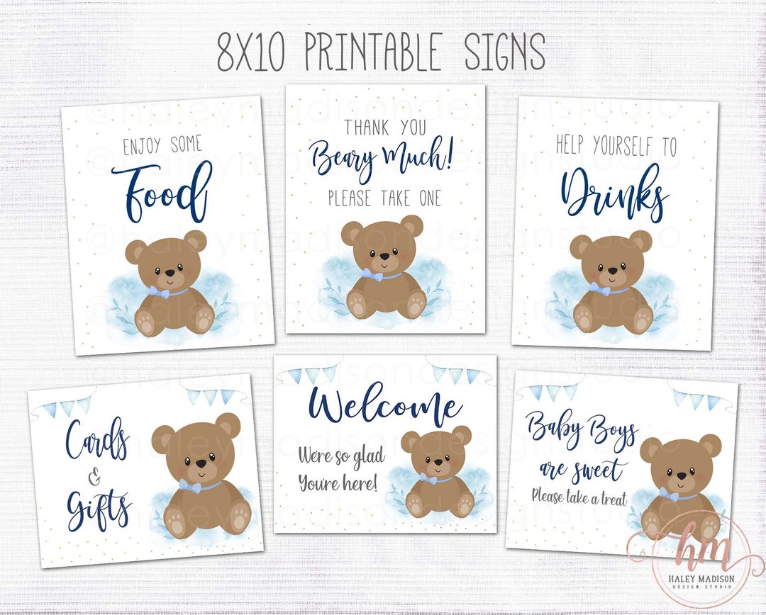 Blue Teddy Bear Baby Shower Signs, Set of 6 Table Signs, Door Signs ...