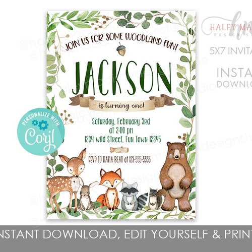 EDITABLE Woodland Birthday Invitation Forest Animals Woodland - Etsy