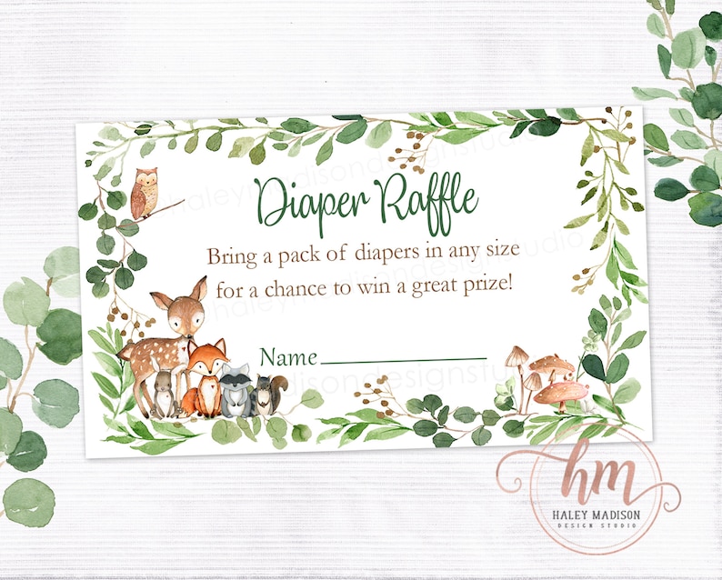 Woodland Diaper Raffle Cards, Woodland Baby Shower Bring Diapers Card ...