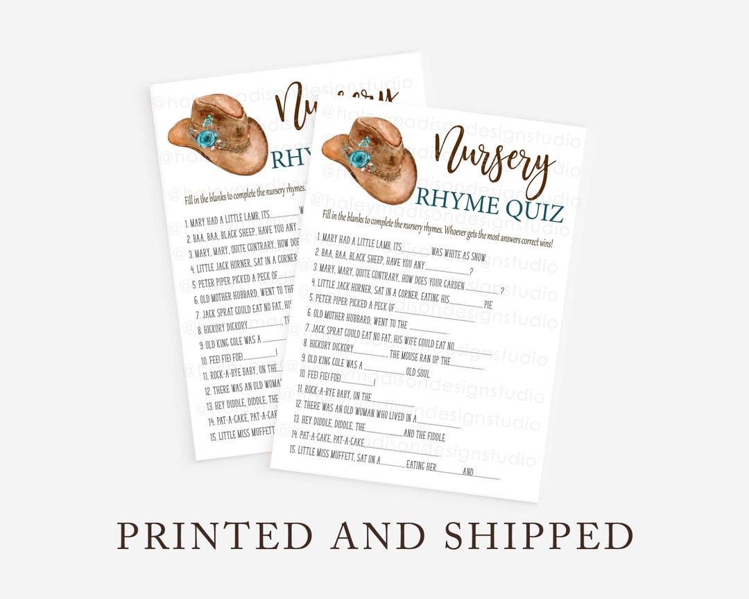 Floral Cowboy Baby Shower Nursery Rhyme Quiz Game, Cowgirl Baby Shower ...