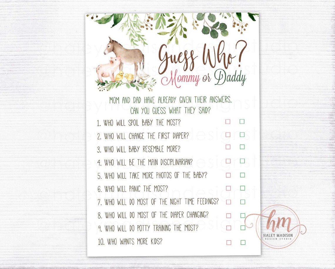 Farm Baby Shower Game Guess Who Mommy or Daddy Farm Game | Etsy