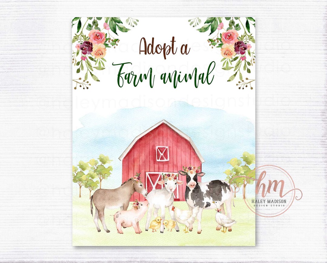 Adopt a Farm Animal Floral Party Sign,farm Party Birthday Sign,farm ...