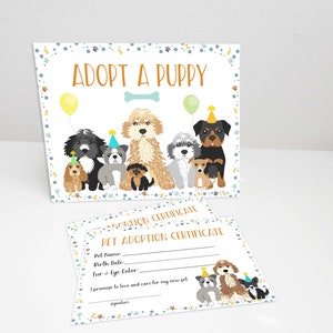 Adopt a Puppy Certificate and Puppy Favors, Puppy Party Adoption Cards ...