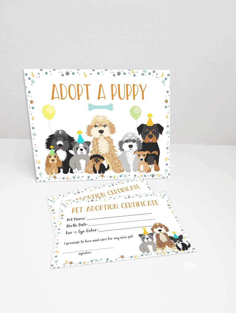 Adopt a Puppy Certificate and Puppy Favors, Puppy Party Adoption Cards ...
