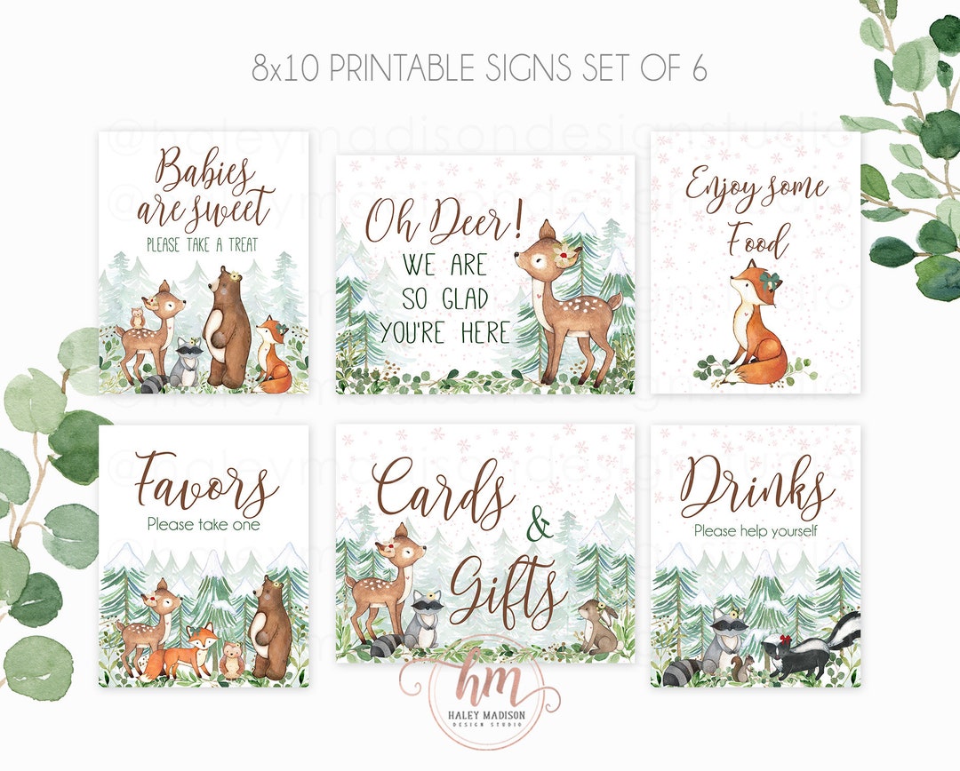 Winter PINK Woodland Baby Shower Signs, Set of 6 Table GIRL, Door Signs ...