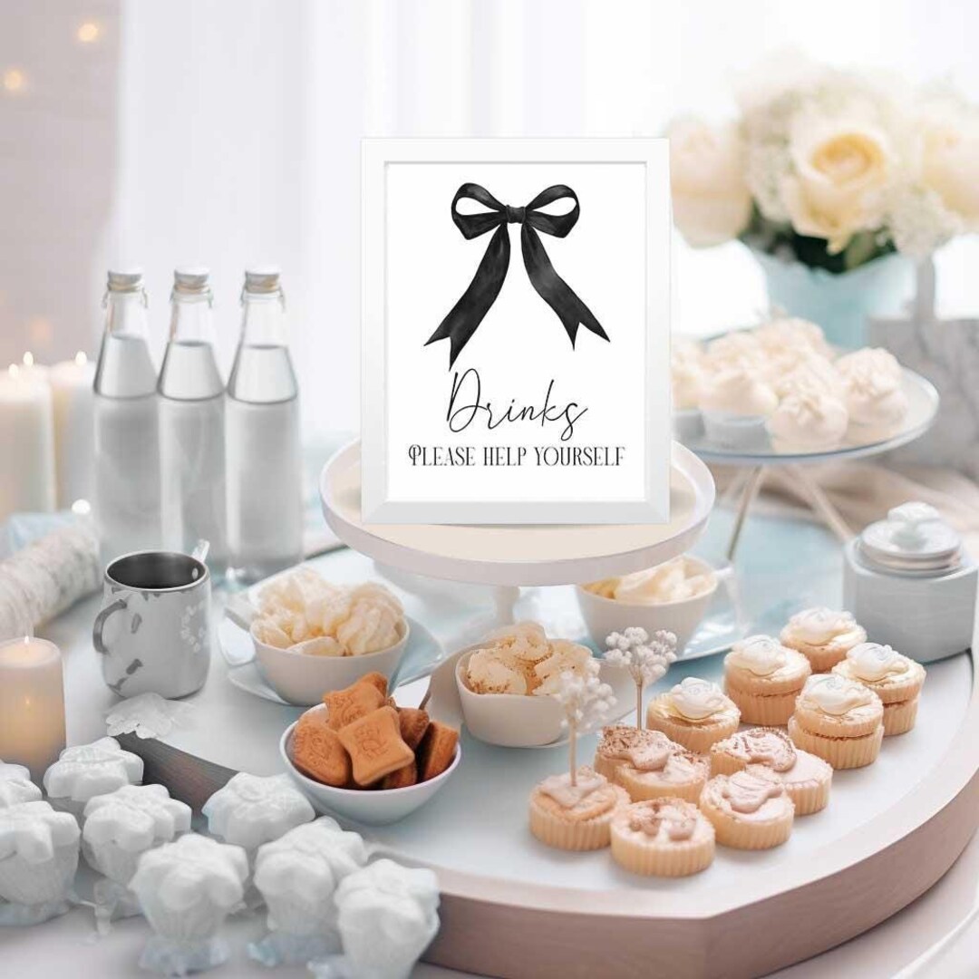 PRINTABLE Black Bow Drinks Sign 8x10", Bows Bridal Shower Drinks Sign ...