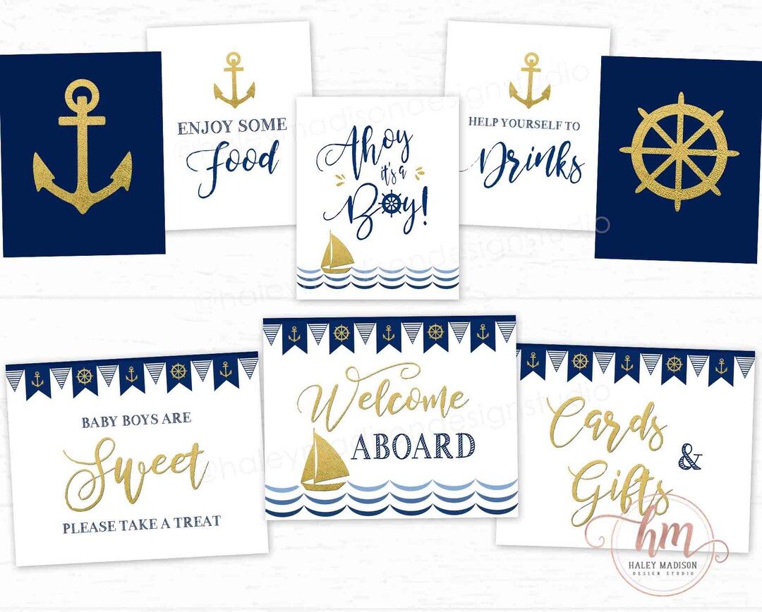 Set of 8 Nautical Baby Shower Signs, Nautical Table Signs, Blue and ...