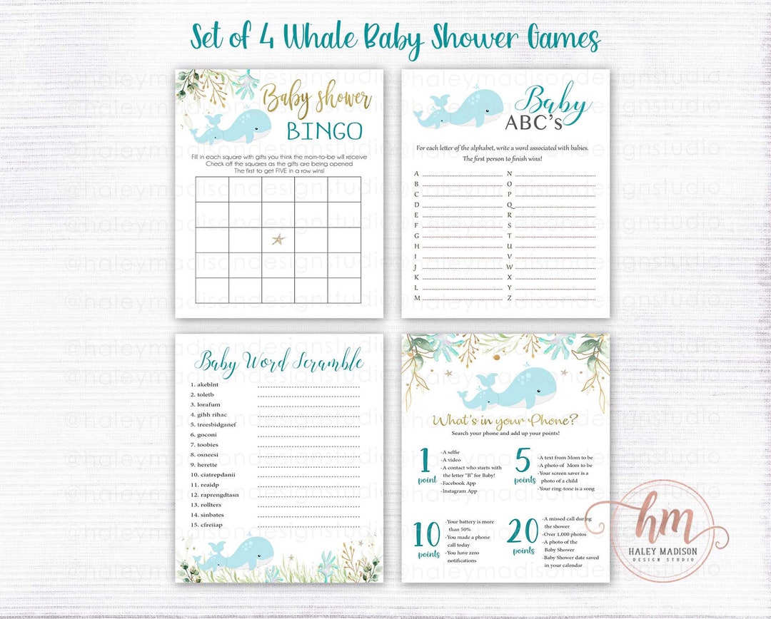 Set of 4 Whale Baby Shower Games Bingo What's in Your Phone Baby's ABC ...