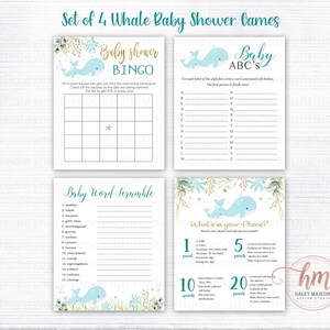 Set of 4 Whale Baby Shower Games Bingo What's in Your Phone Baby's ABC ...