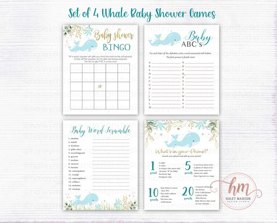 Set of 4 Whale Baby Shower Games Bingo What's in Your - Etsy