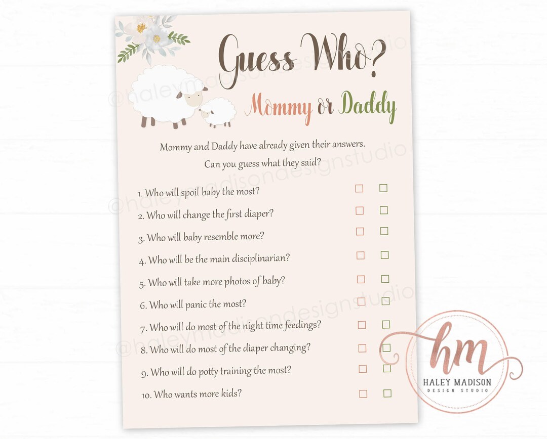 Little Lamb Baby Shower Game, Guess Who, Mommy or Daddy Game, Floral ...
