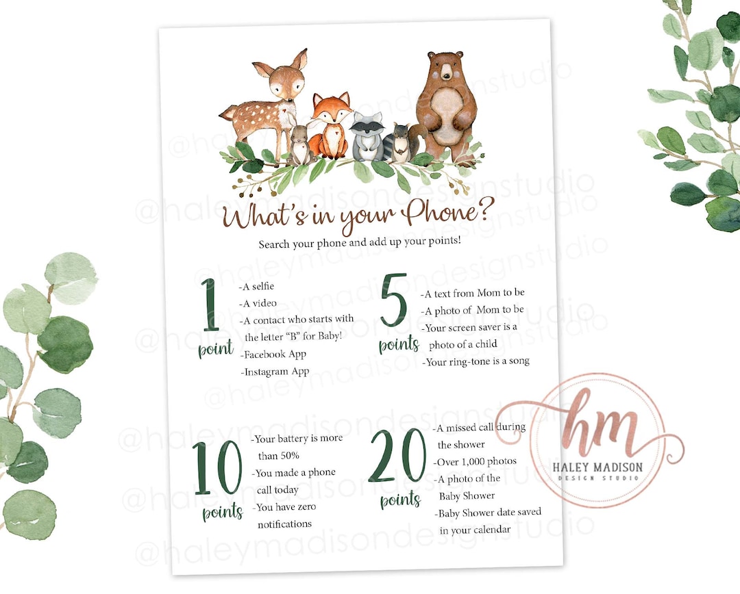 Woodland What's in Your Phone Baby Shower Game, Woodland Baby Shower ...