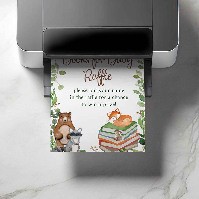 Woodland Books for Baby Raffle Sign, Woodland Baby Shower Games, Book ...