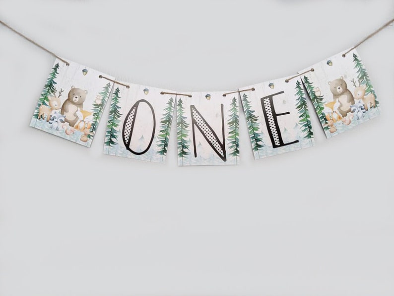 Forest Friends High Chair Banner, Woodland First Birthday ONE Banner ...