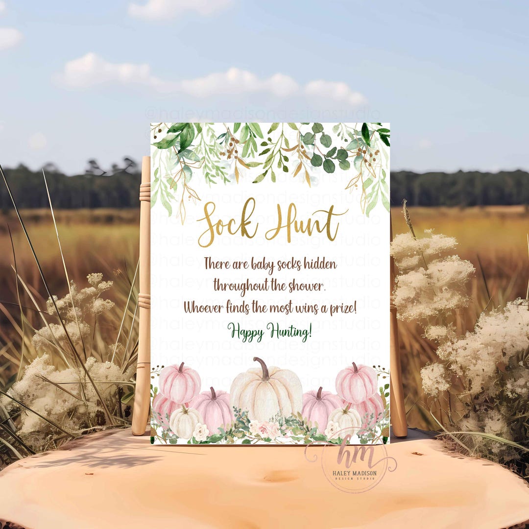 PRINTABLE Pink Pumpkin Sock Hunt Game, Find Baby Socks Game Sign ...