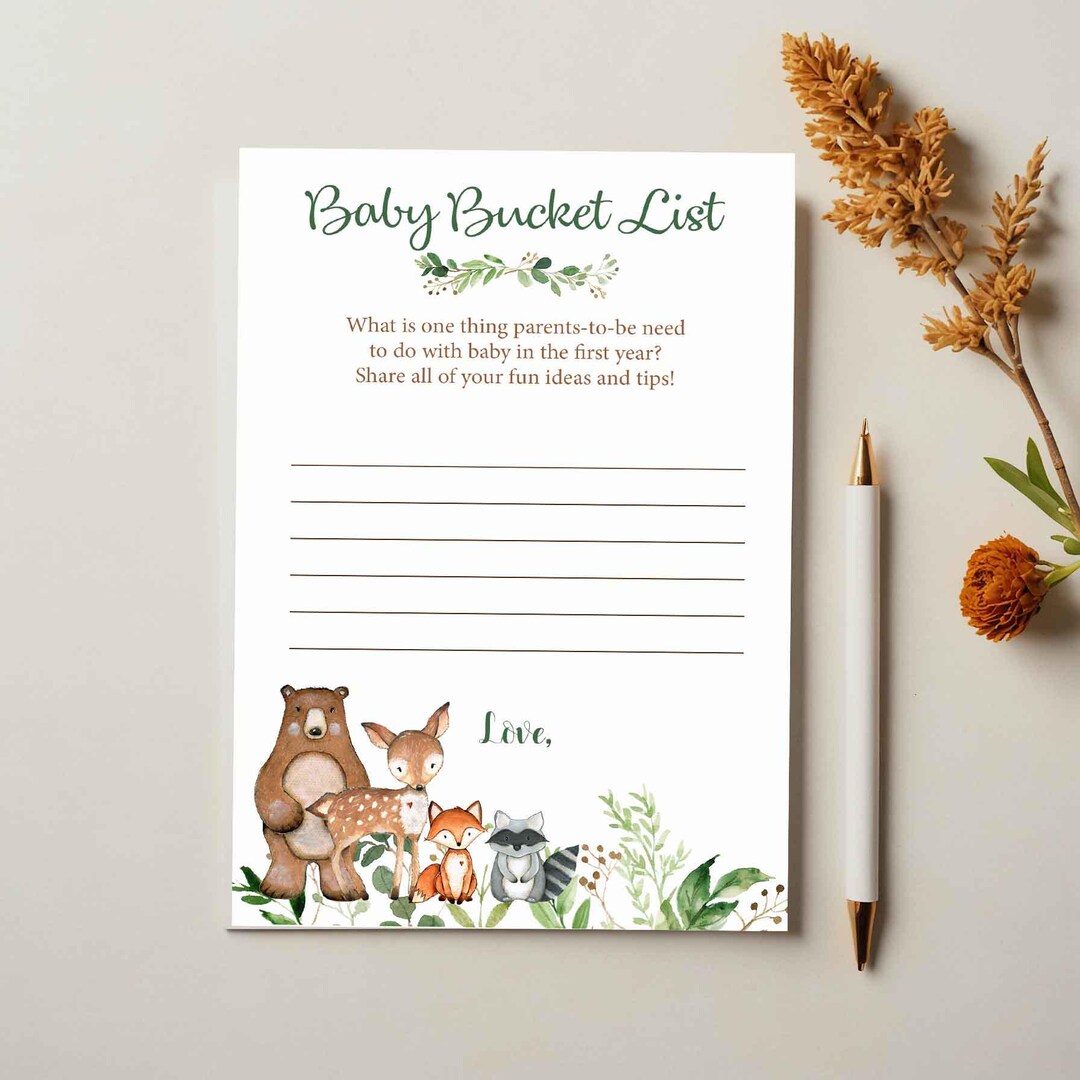 Woodland Baby Bucket List Cards, Woodland Baby Shower Wishes for Baby ...