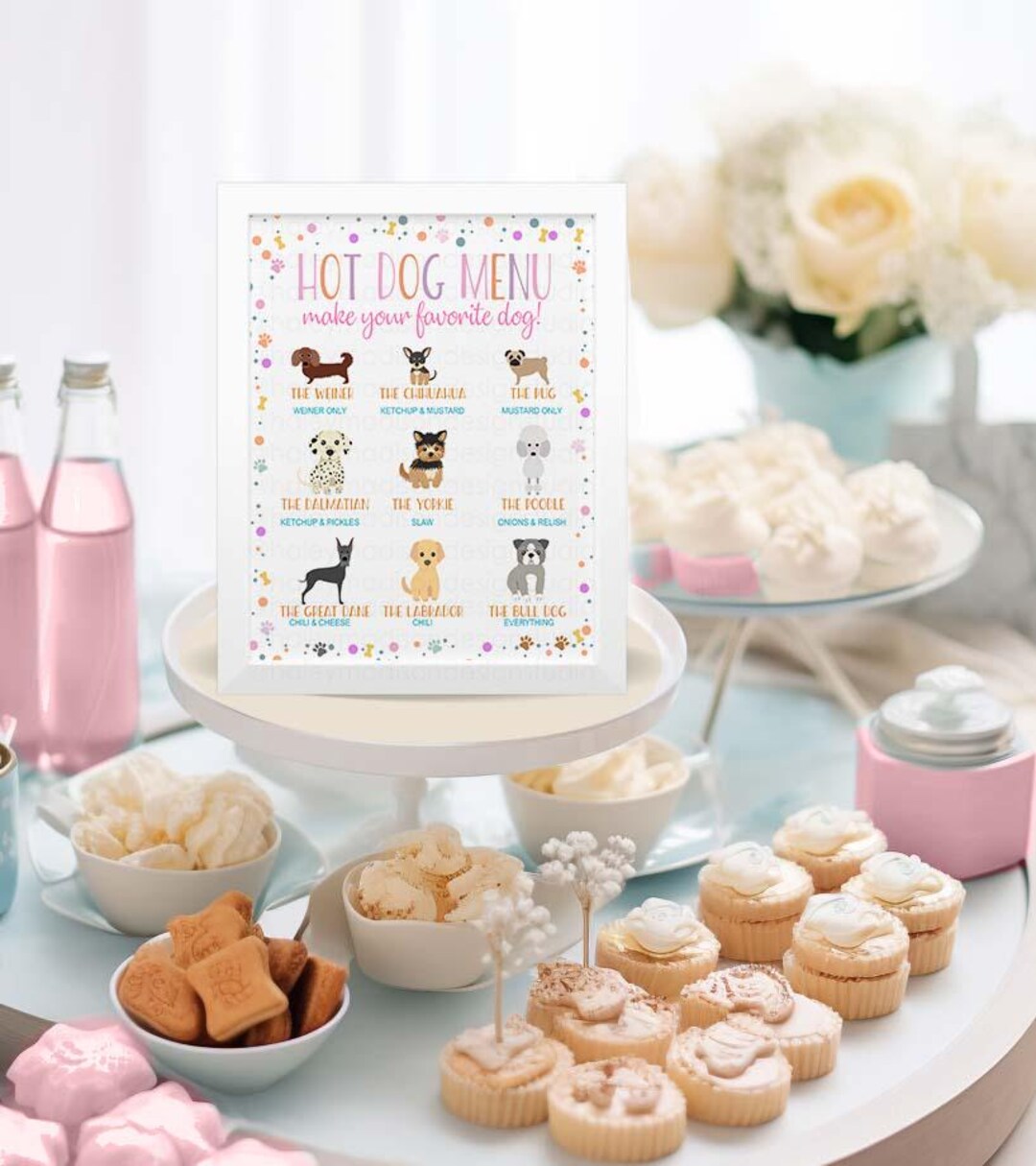 Pink Puppy Party Hot Dog Menu Sign, Puppy Make Your Own Hot Dog Sign ...