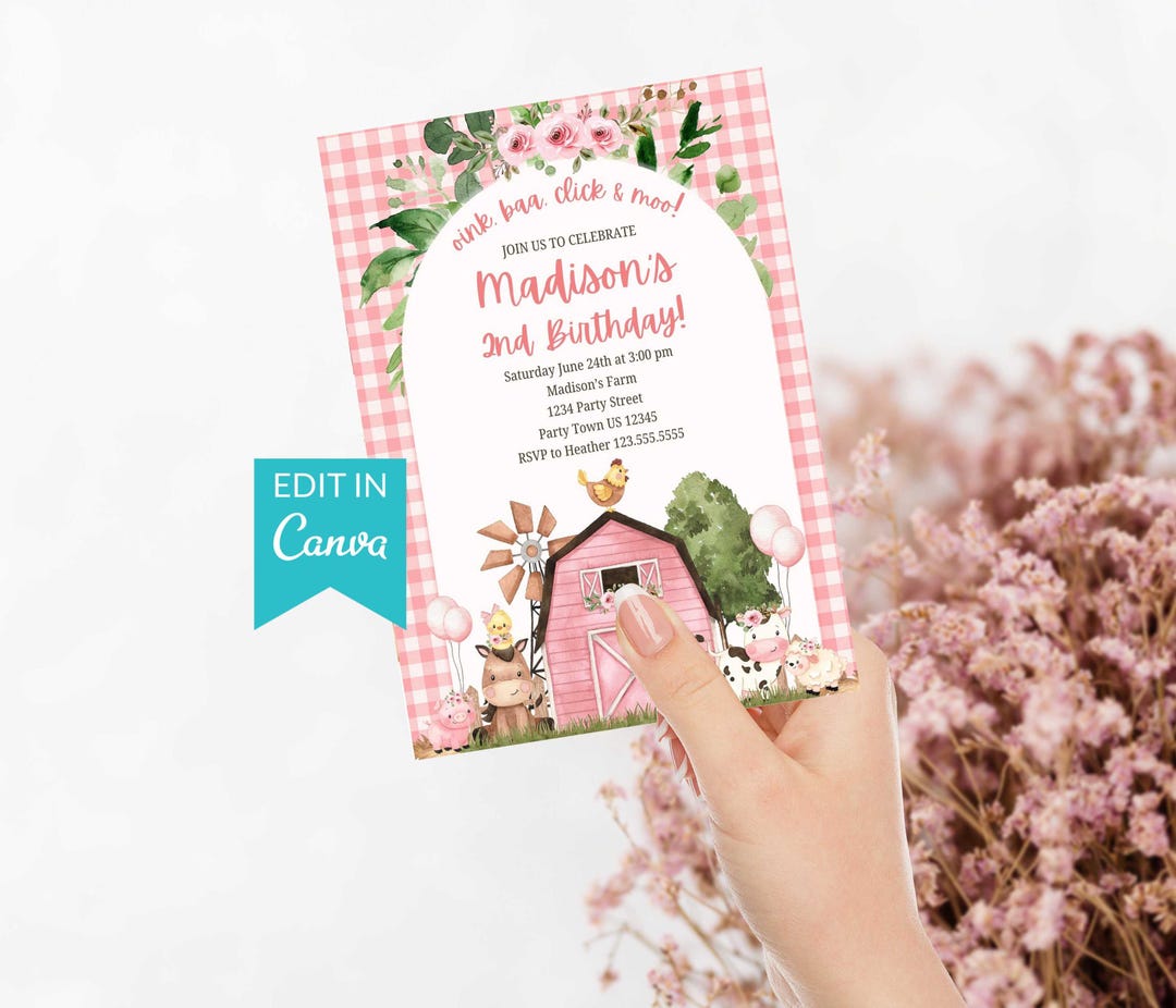 Editable Pink Farm Invitation, Farm Animals Birthday Party Invitation ...