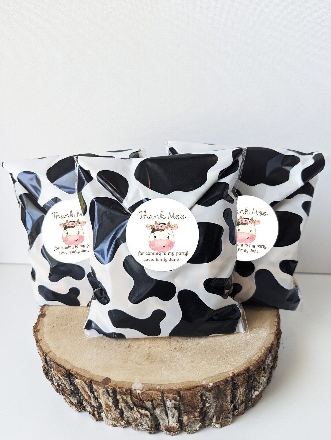 Set of 12 Stickers and Bags, Cow Party Favors, Farm Cow Birthday Tags ...