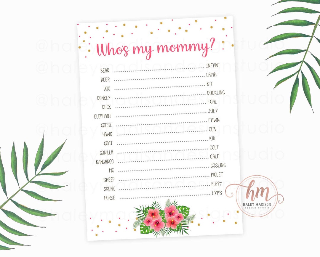Hawaiian Baby Shower Who's My Mommy Game Cards, Tropical Floral Baby ...