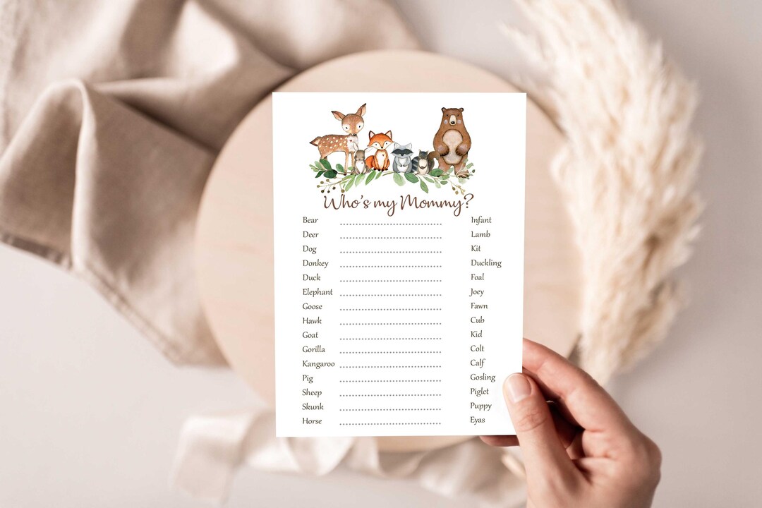 Woodland Who's My Mommy Baby Shower Game, Woodland Greenery Baby Shower ...