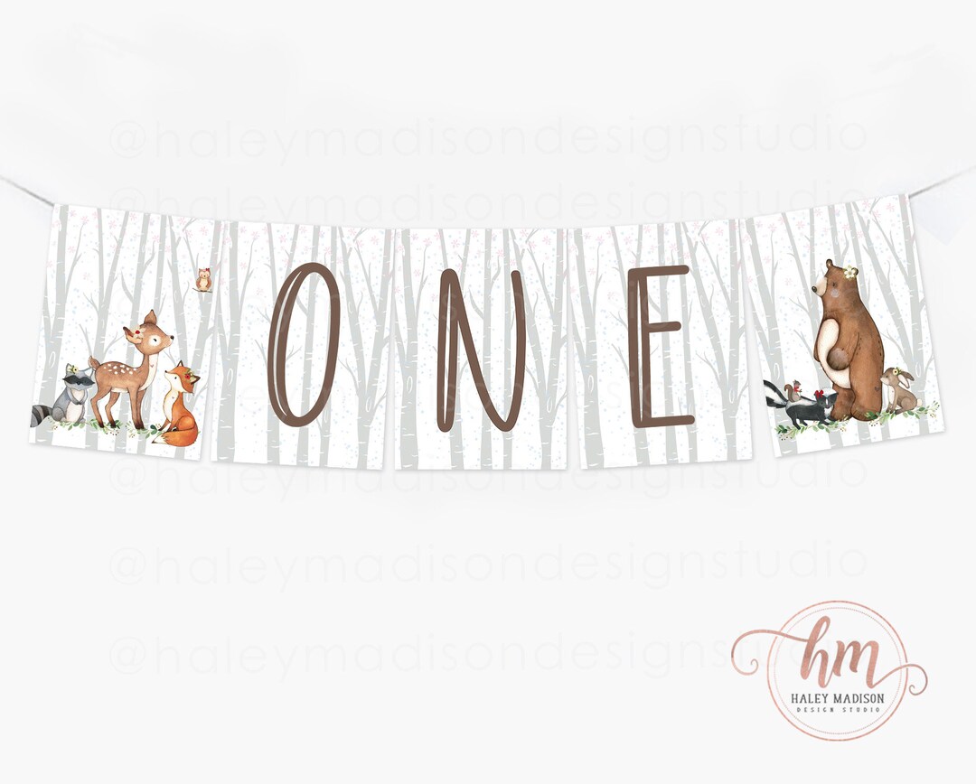 Pink Winter Woodland One High Chair Banner, Woodland First Birthday ONE ...