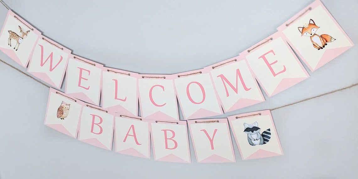 Woodland Welcome Baby Banner Pink woodland Baby Shower | Etsy
