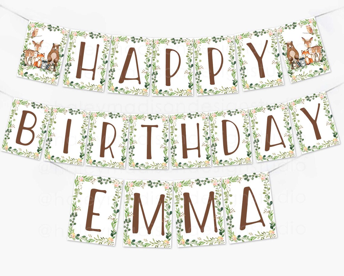 Woodland Happy Birthday Banner Woodland Greenery Birthday - Etsy