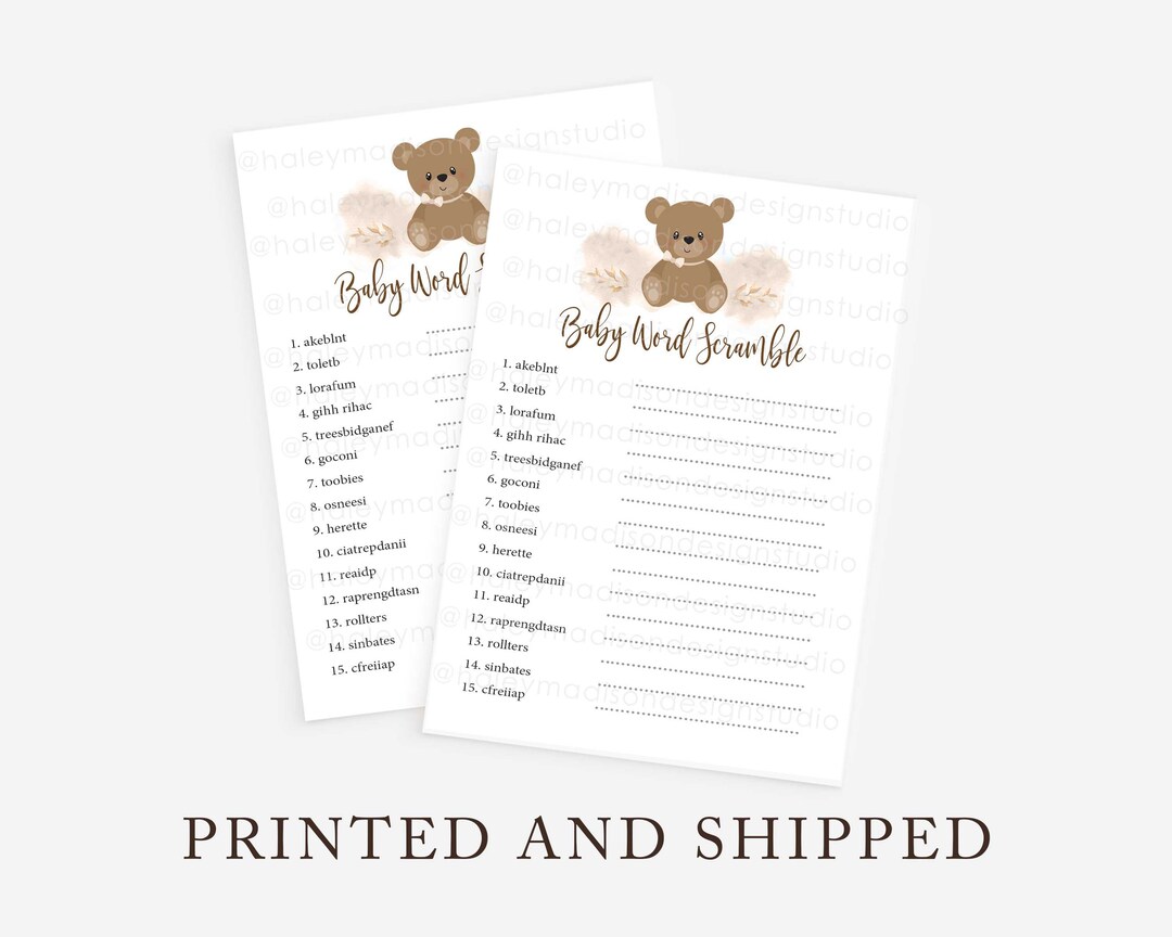 Teddy Bear Word Scramble Game, Baby Shower Bearly Wait, Girl Baby Word ...