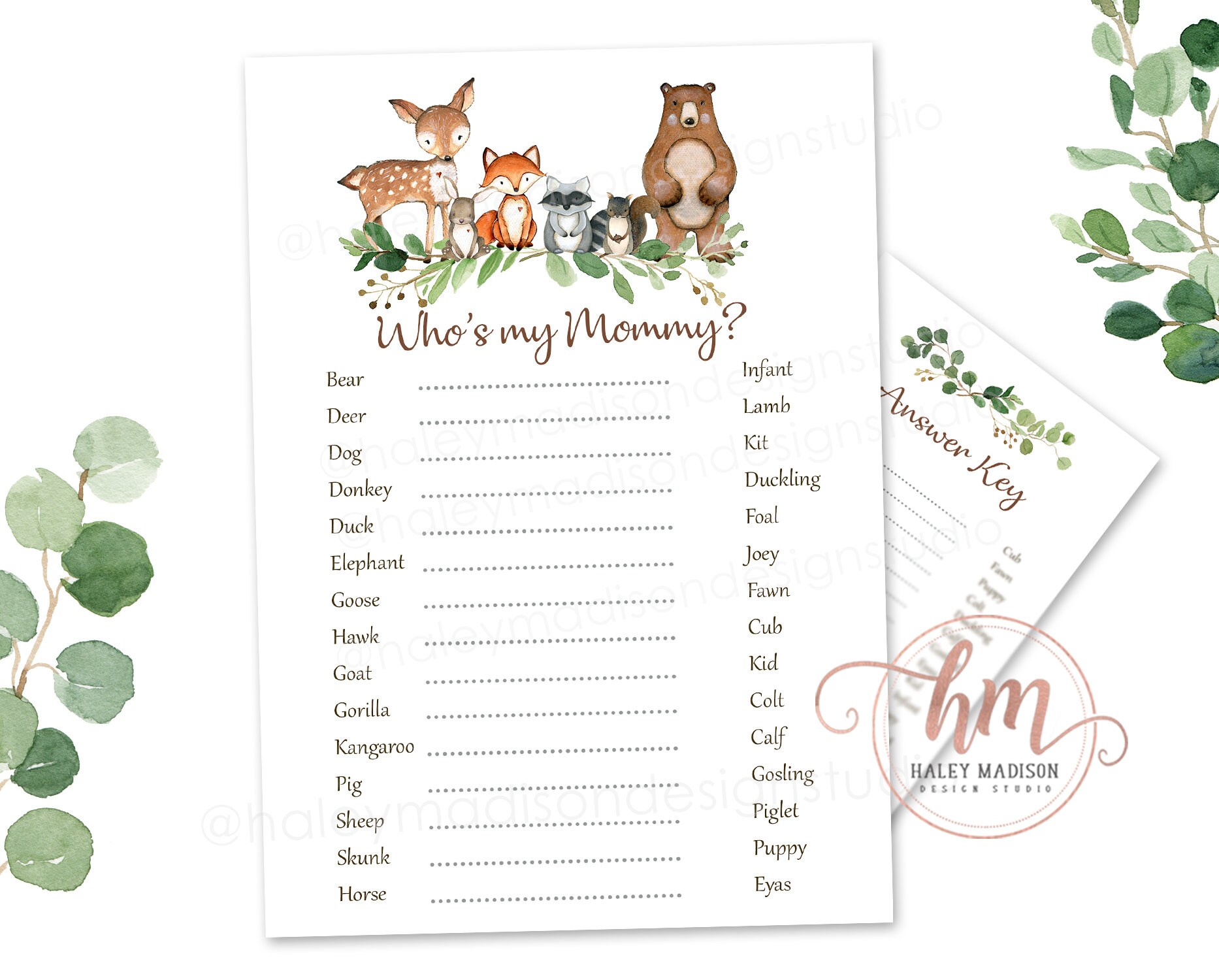 Woodland Who's My Mommy Baby Shower Game, Woodland Greenery Baby Shower ...