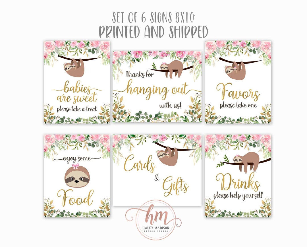 Floral Sloth Baby Shower Signs, Set of 6 Table Floral Signs, Sloth ...