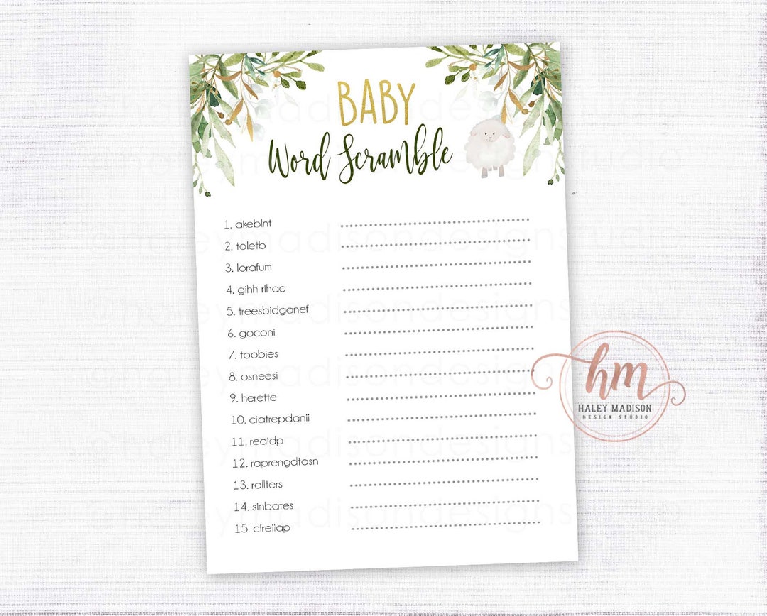 Lamb Greenery Baby Word Scramble Game, Lamb Baby Shower Word Scramble ...