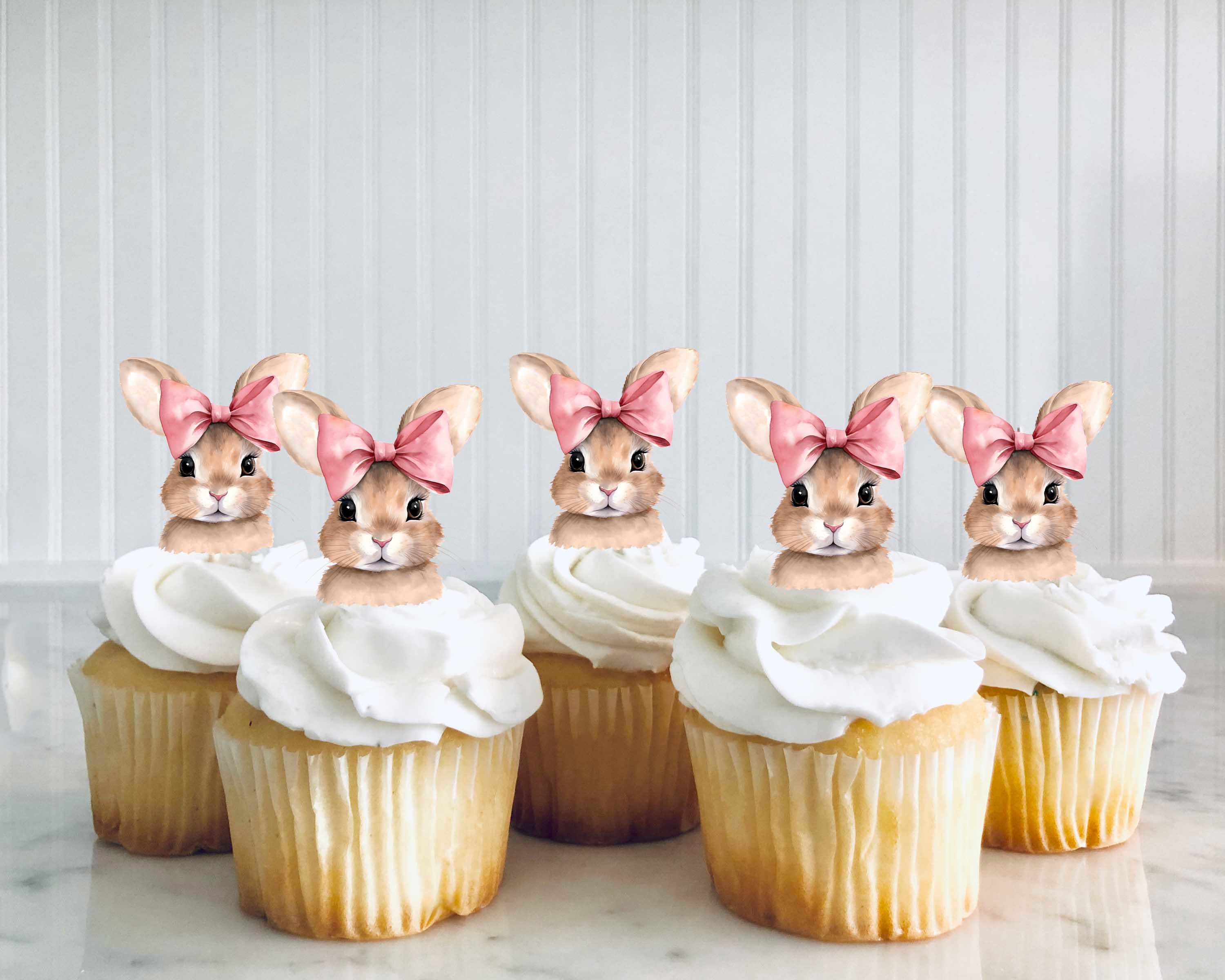 Bunny Cupcake Toppers With Pink Bows, Easter Baby Shower Decorations ...