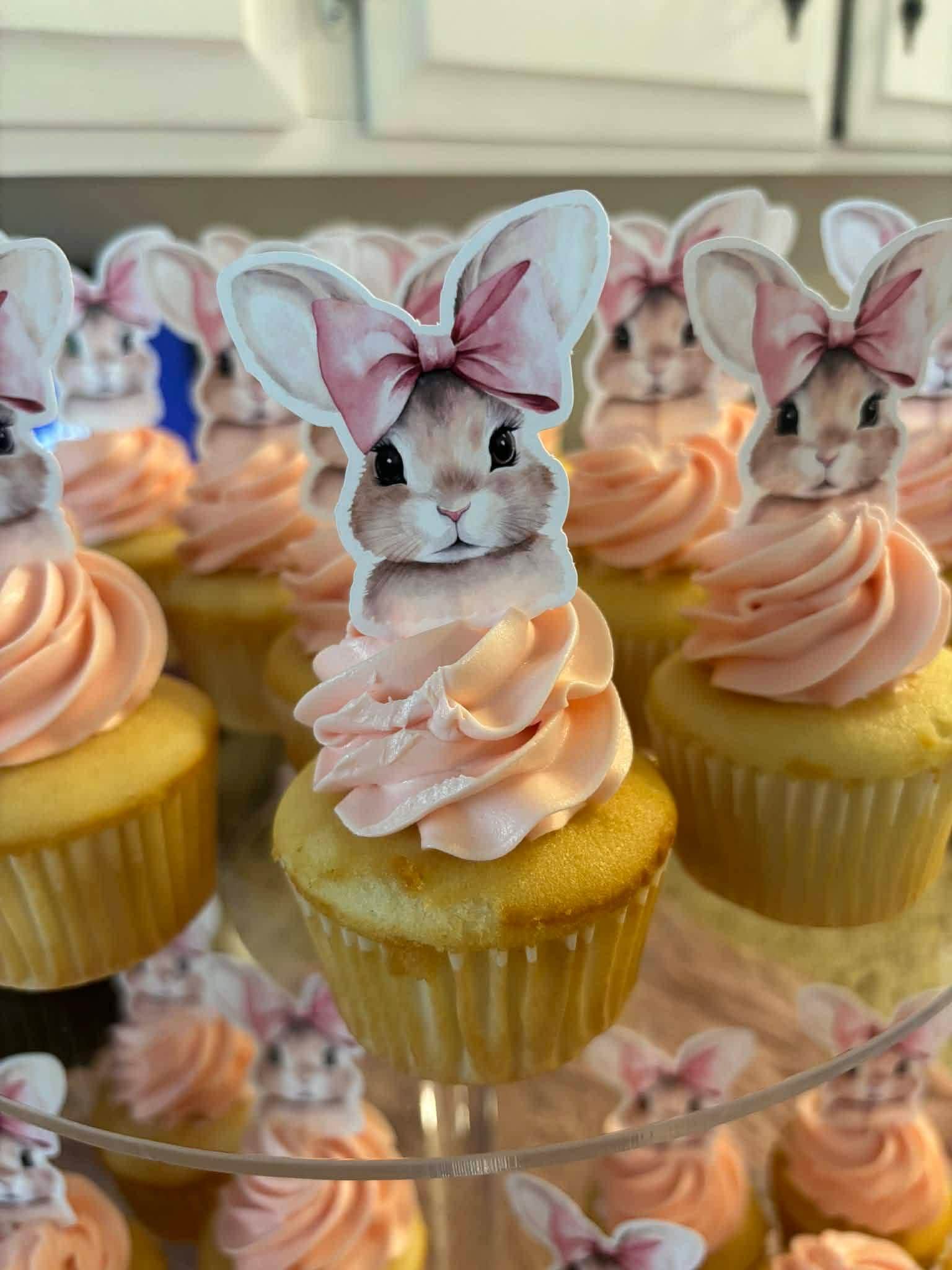 Bunny Cupcake Toppers With Pink Bows, Easter Baby Shower Decorations ...
