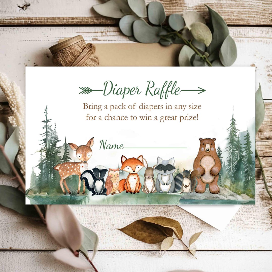 PRINTABLE Woodland Diaper Raffle Cards, Diapers for Baby Cards ...