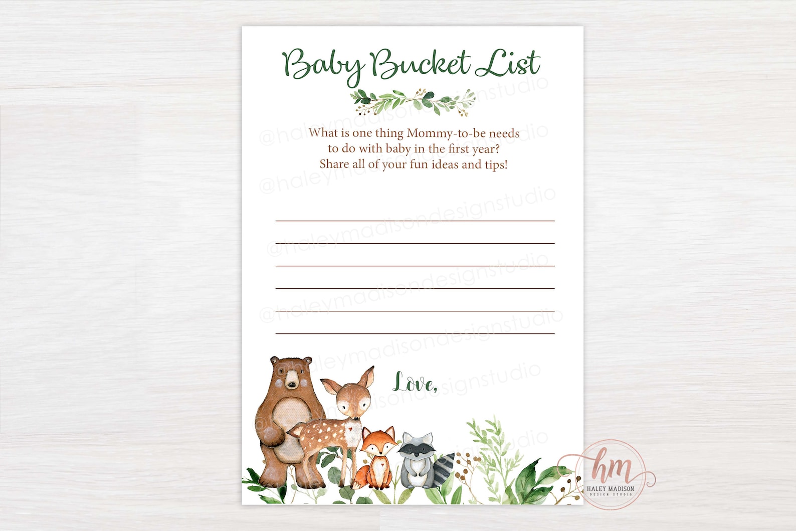 PRINTABLE Woodland Baby Bucket List Cards, Woodland Baby Shower Wishes ...