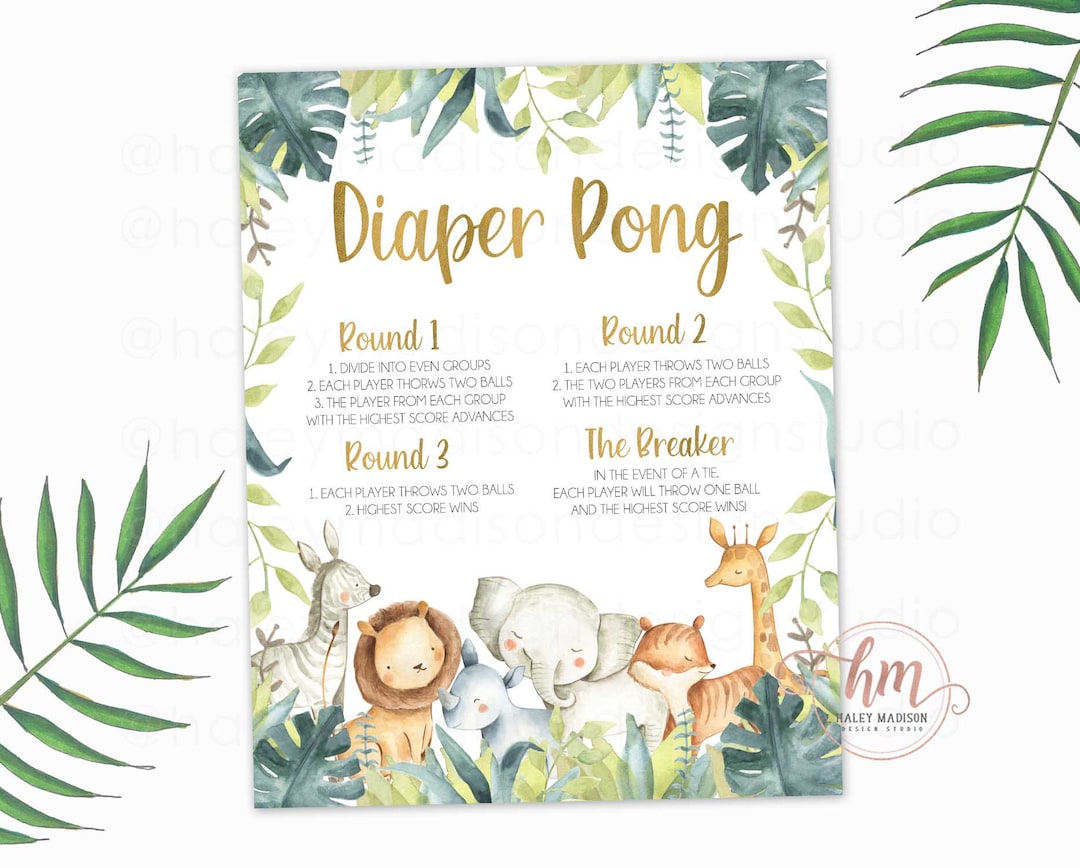 Diaper Pong Game, Jungle Baby Shower Diaper Pong Game Sign, Jungle Baby ...