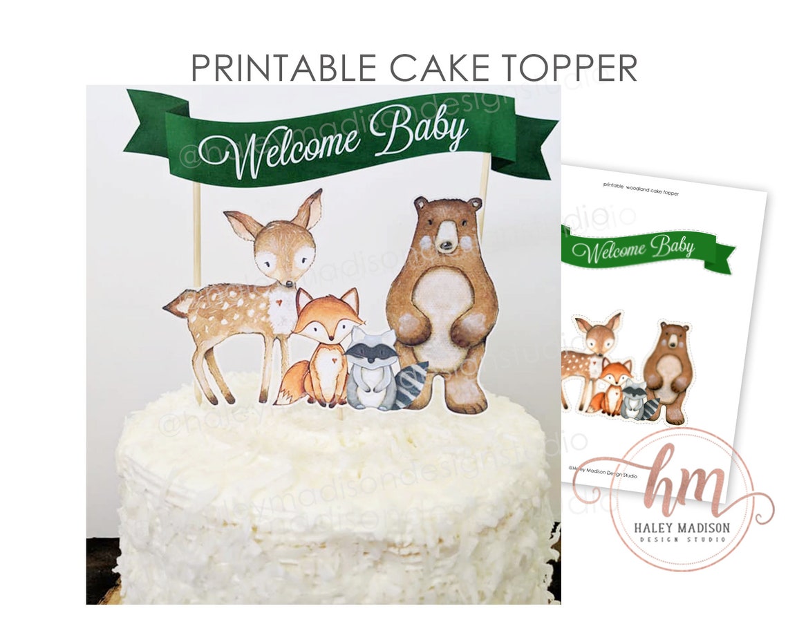 PRINTABLE Dark Green Woodland Cake Topper, Gender Neutral Woodland Baby ...