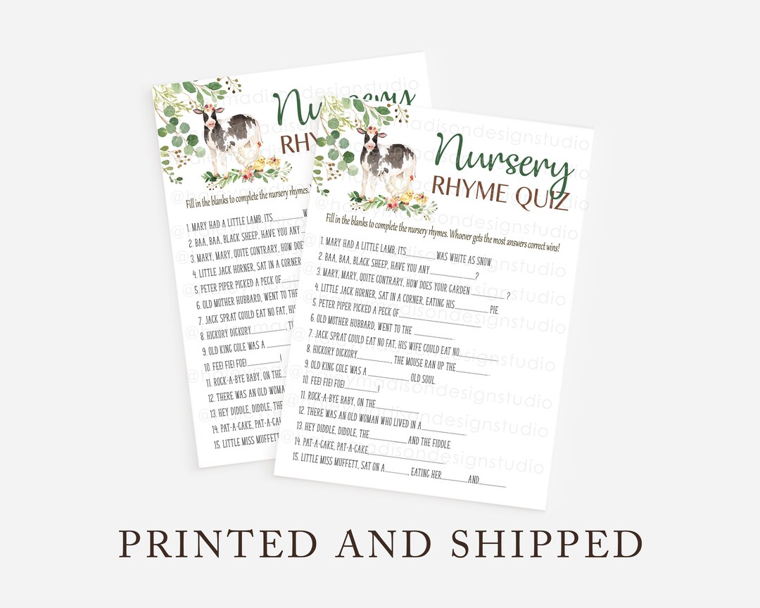 Floral Farm Nursery Rhyme Quiz Game, Farm Baby Shower Bingo Game ...