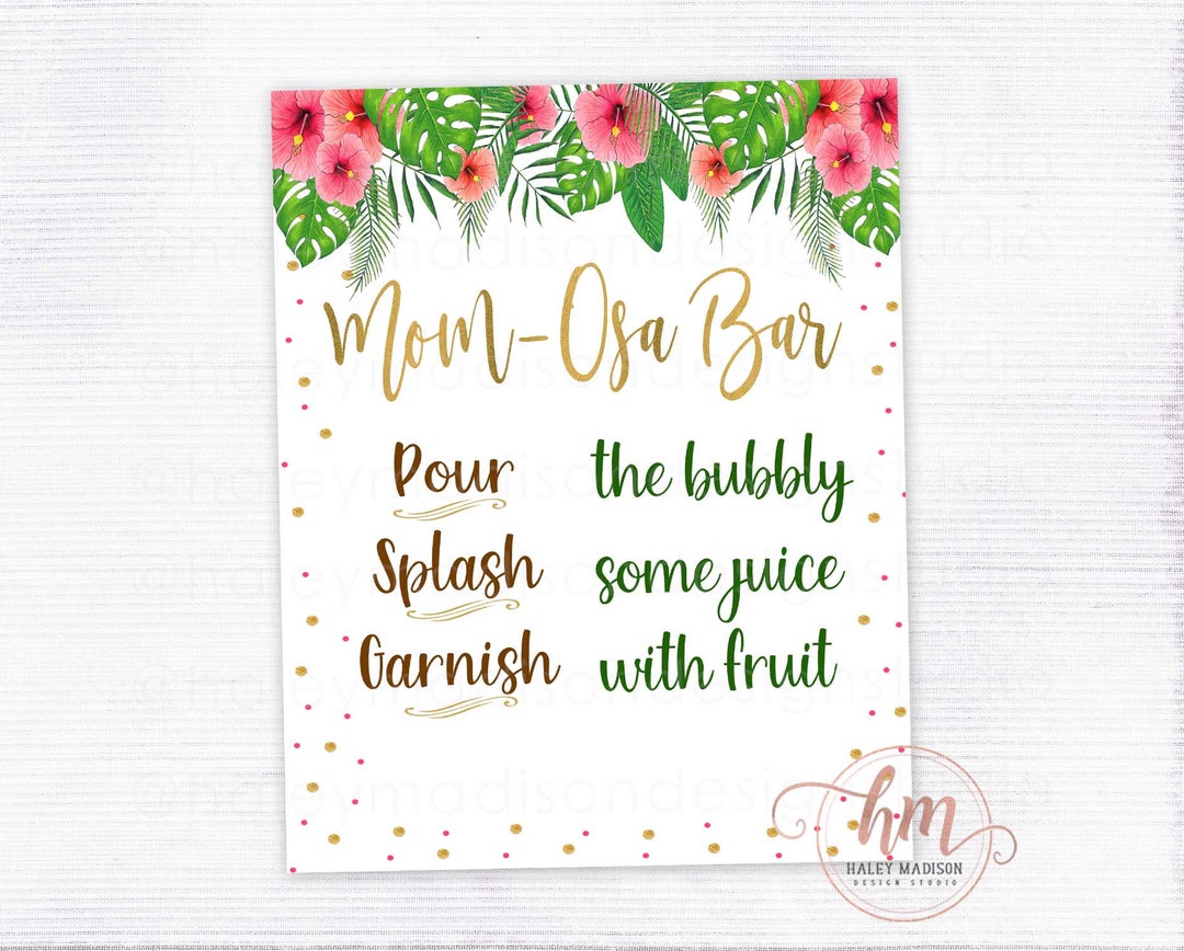 Hawaiian Baby Shower Mom-osa Bar Sign, Tropical Floral Baby Shower Sign ...