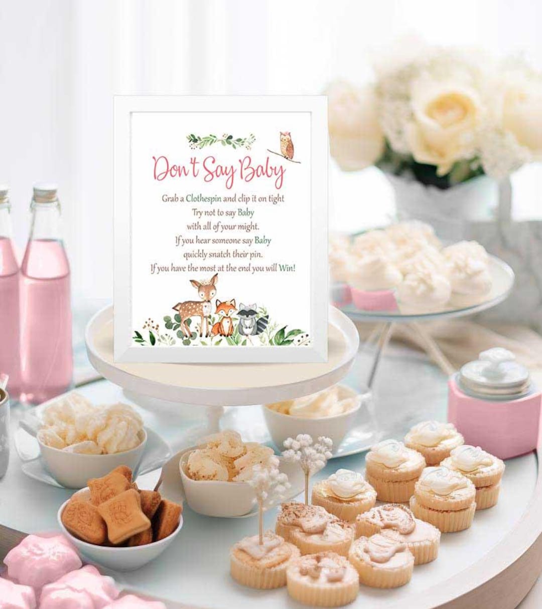 PRINTABLE PINK Woodland Don't Say Baby Game Sign, Woodland Baby Shower ...