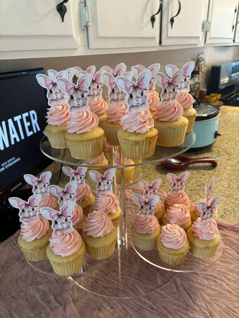 Bunny Cupcake Toppers With Pink Bows, Easter Baby Shower Decorations ...